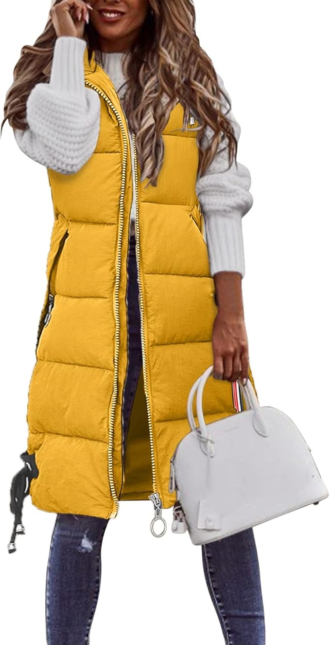 Aricy Women Casual Solid Color Coats Quilted Vest Down Hooded Vest Zipper Pockets Loose ...